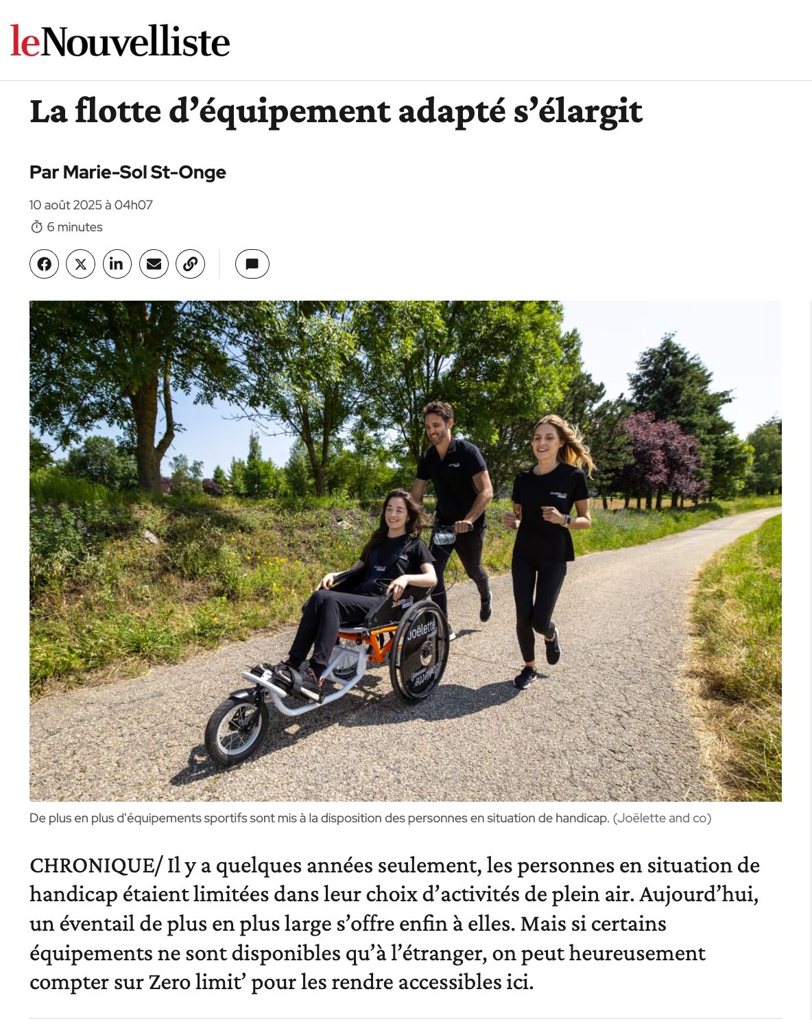 Article de Marie-Sol St-Onge dans Le Nouvelliste - Zero Limit